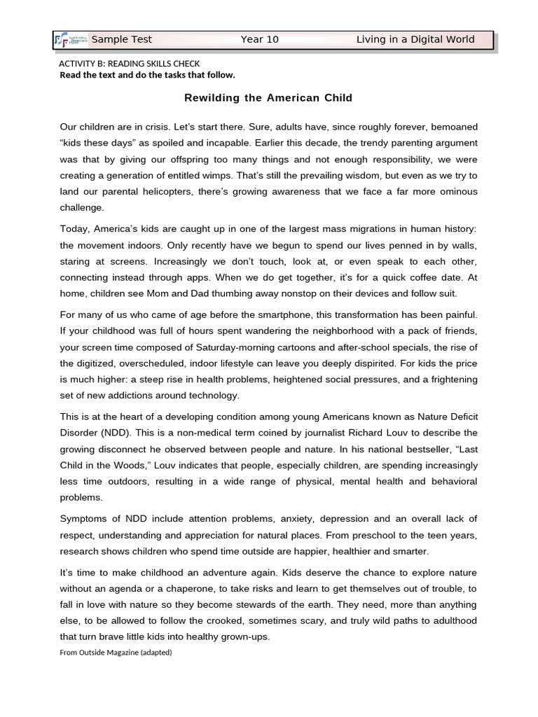 Sample Text - Rewilding American Kids - Reading Skills Tasks | PDF ...