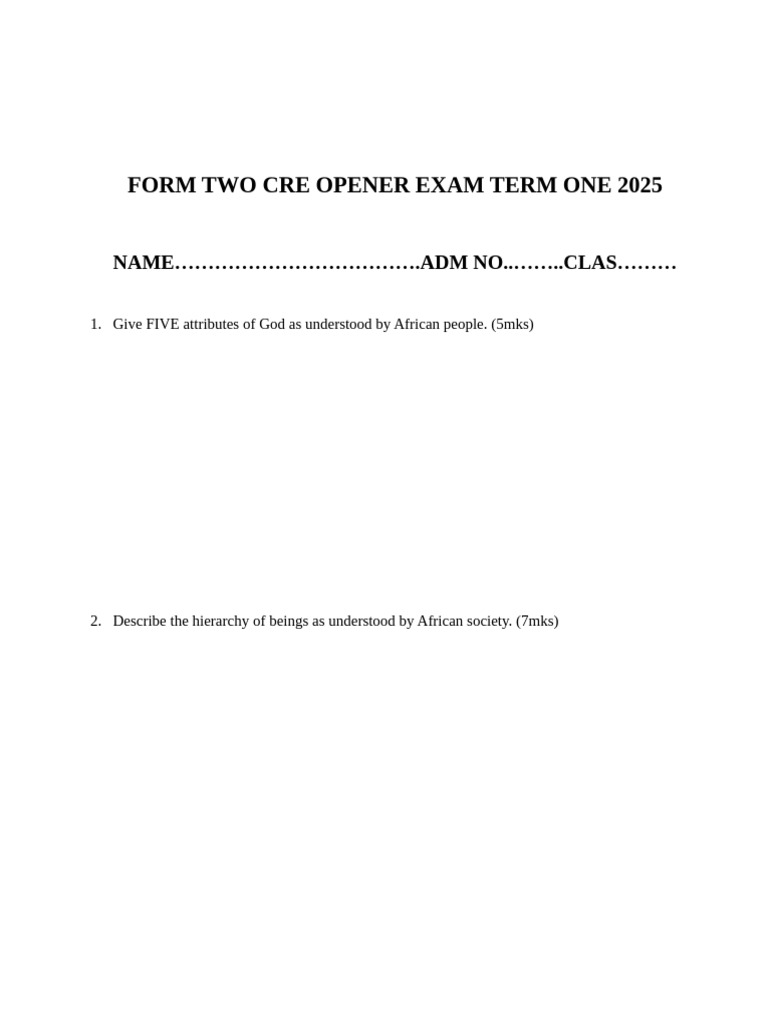 Form Two Cre Opener Exam Term One 2025 | PDF