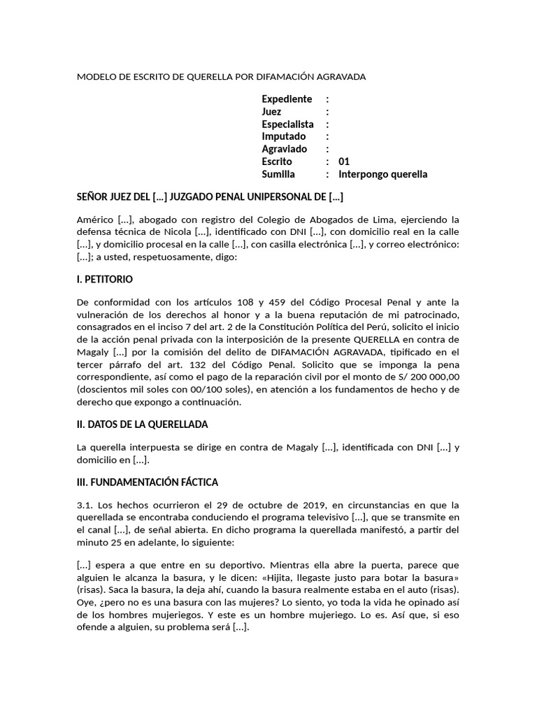 MODELO DE ESCRITO DE QUERELLA POR DIFAMACIÓN AGRAVADA | PDF | Queja | Daños y perjuicios