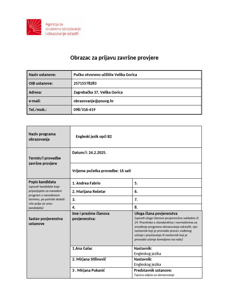 Obrazac Za Prijavu Zavrsne Provjere | PDF