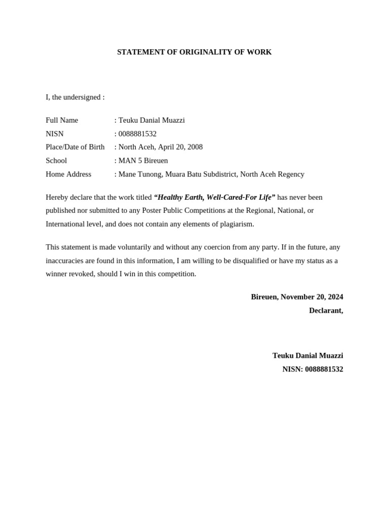 Statement of Originality of Work | PDF