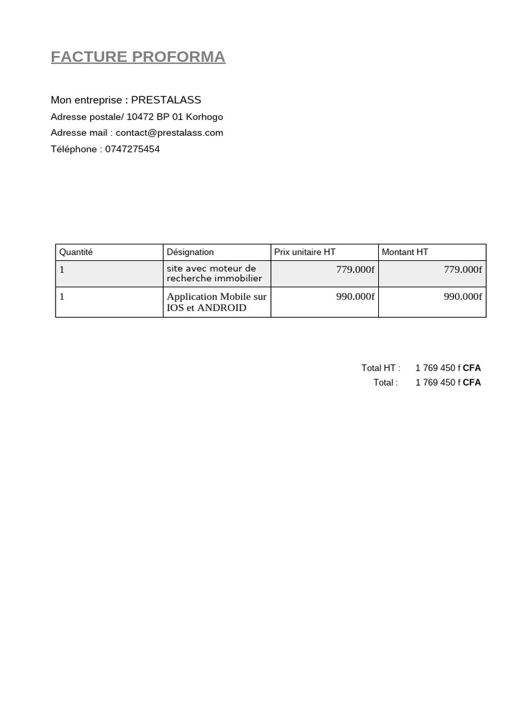 Exemple de Facture Proforma PRESTALASS | PDF