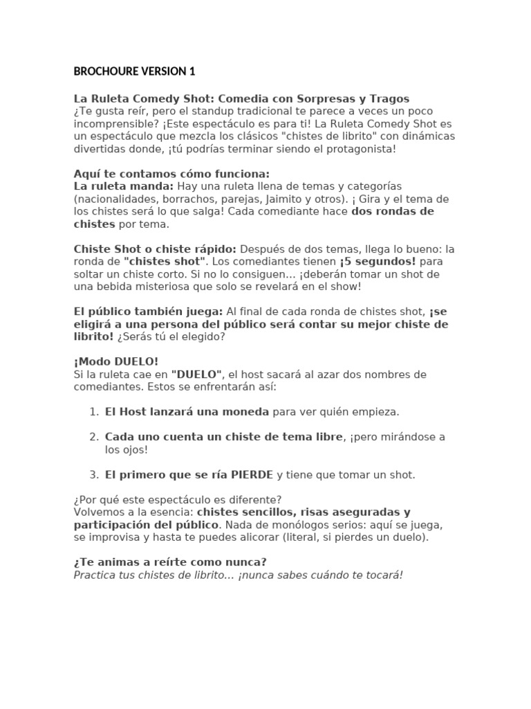 Brochoure Ruleta Comedy Shot | PDF