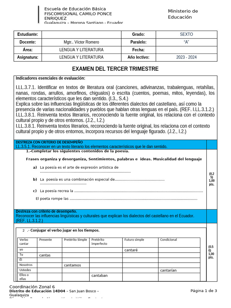 Examen Lyl. 3 Trim.3 6t0 | PDF | Poesía | Lingüística