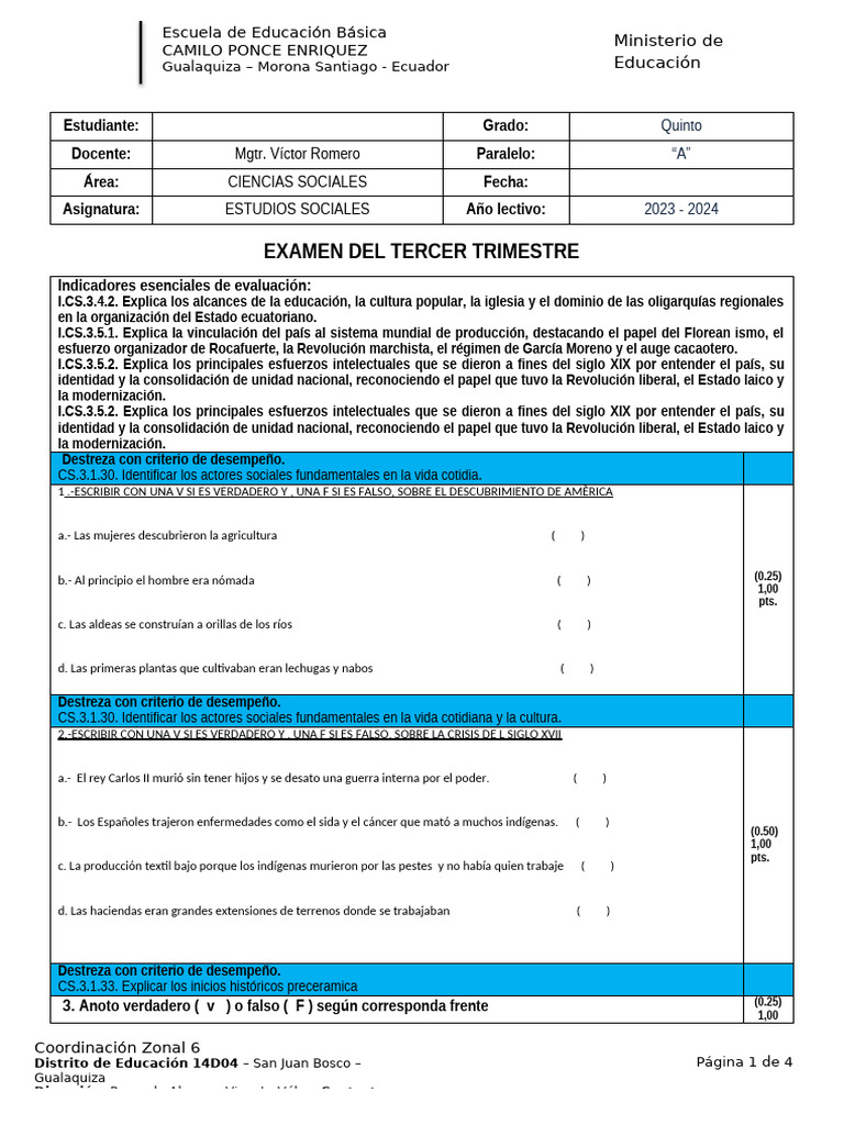 Examen Eess Si Trim.3 5t0 | PDF | Ecuador | Imperio Inca