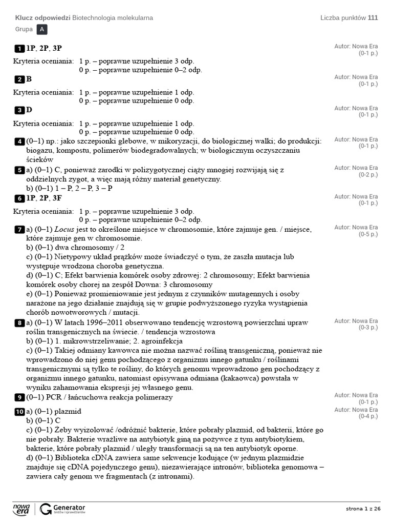 Biotechnologia Molekularna Klucz Odpowiedzi | PDF