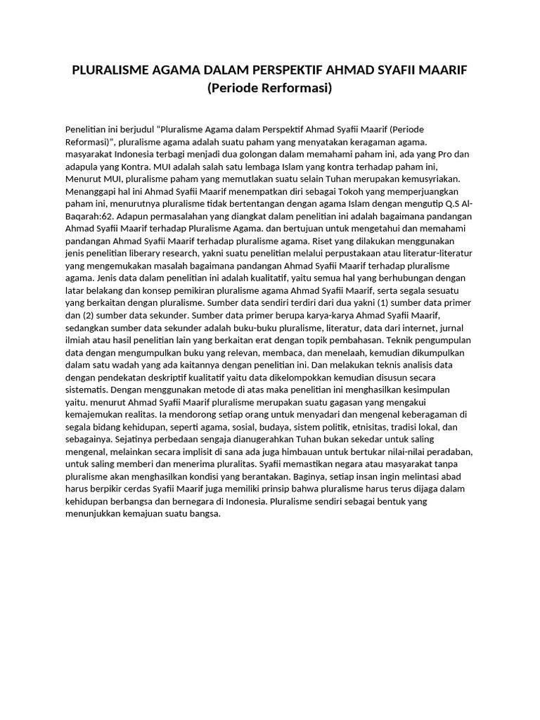 Pluralisme Agama Dalam Perspektif Ahmad Syafii Maarif | PDF