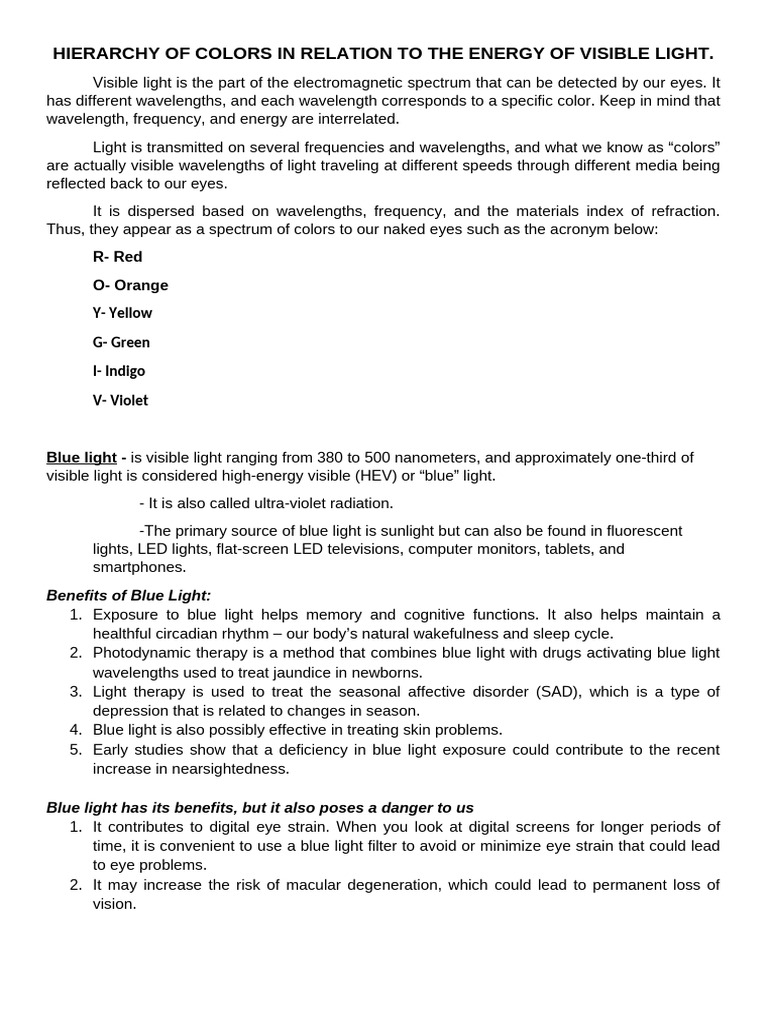 Hierarchy of Colors in Relation To The Energy of Visible Light | PDF