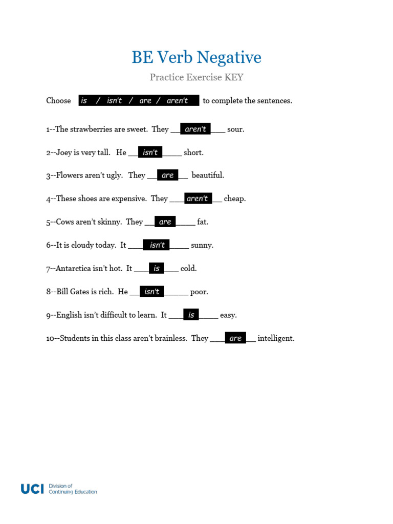 C1M3L1_KEY - BE Verb Negative Practice Exercise KEY | PDF
