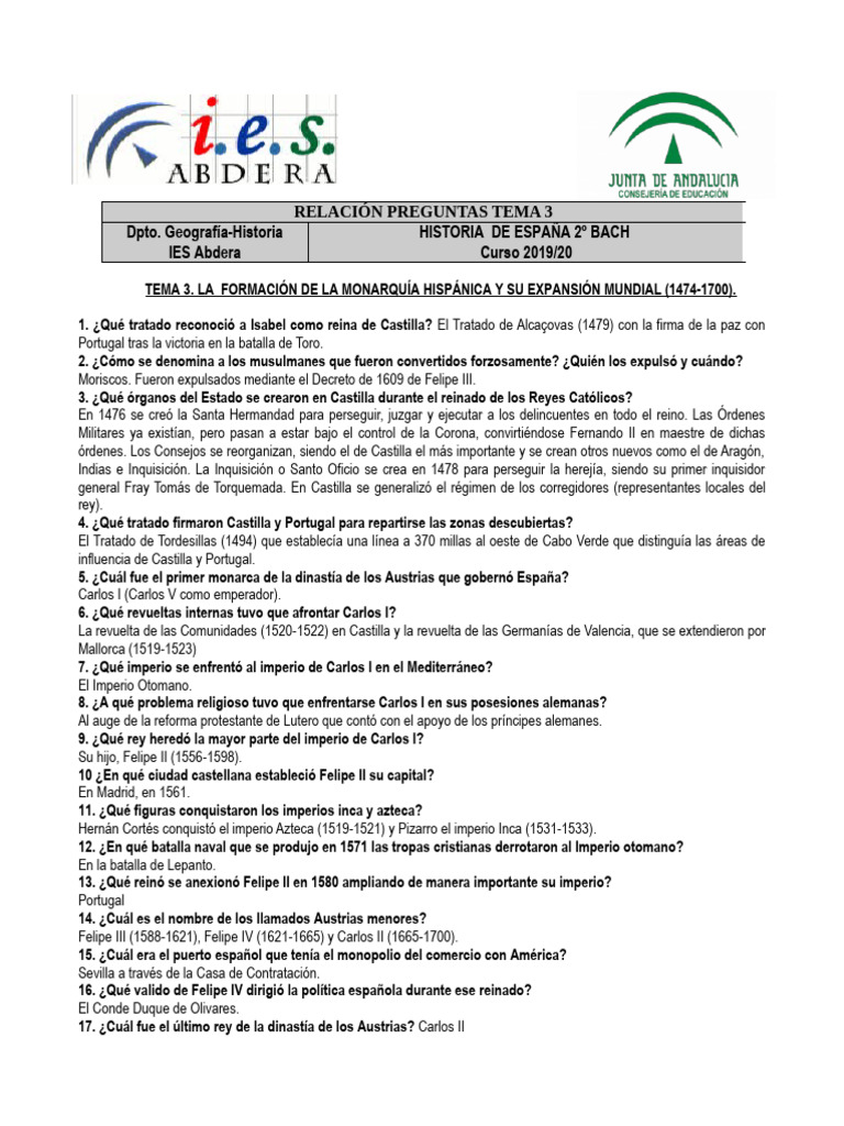 Tema 3 Preguntas Historia | PDF | Imperio español | Inquisición española