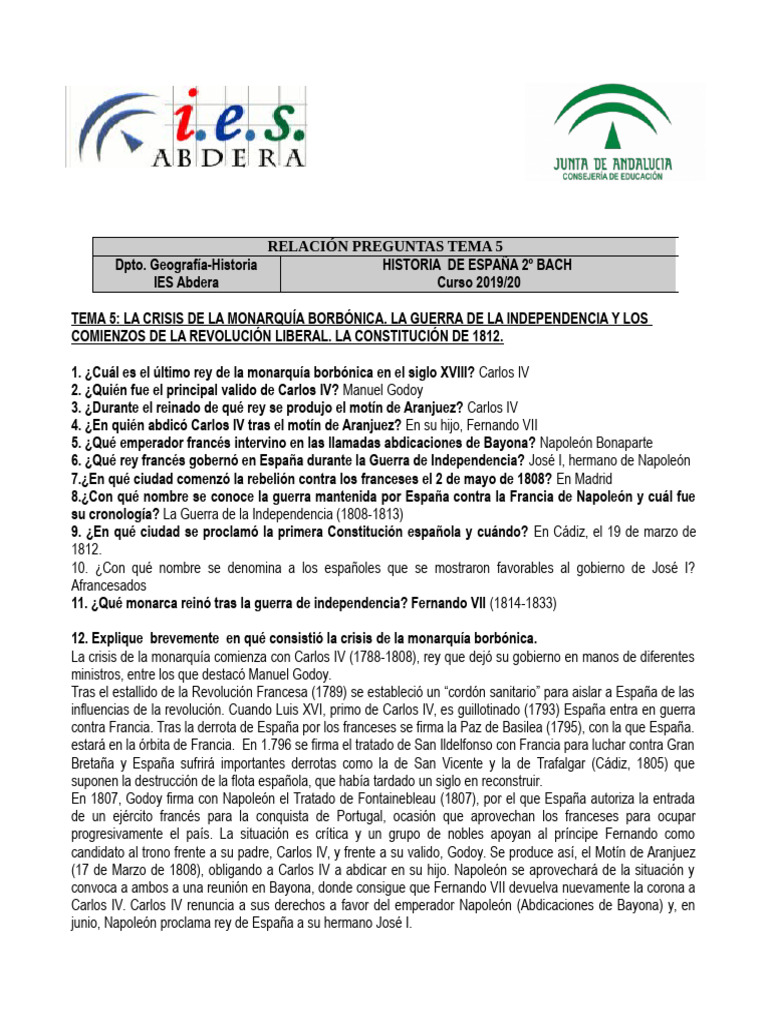 Tema 5 preguntas historia | PDF | Guerra peninsular | Napoleón