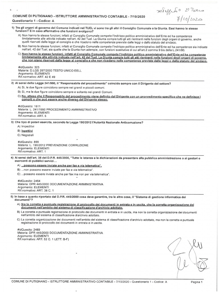 Questionario 2 Turno - 07.10.2020 - PROVA PRESELETTIVA | PDF