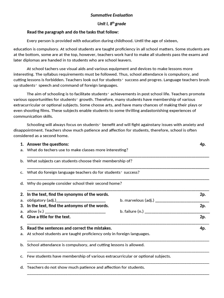 Summative Evaluation unit 1, 8 grade | PDF | Teachers | Learning