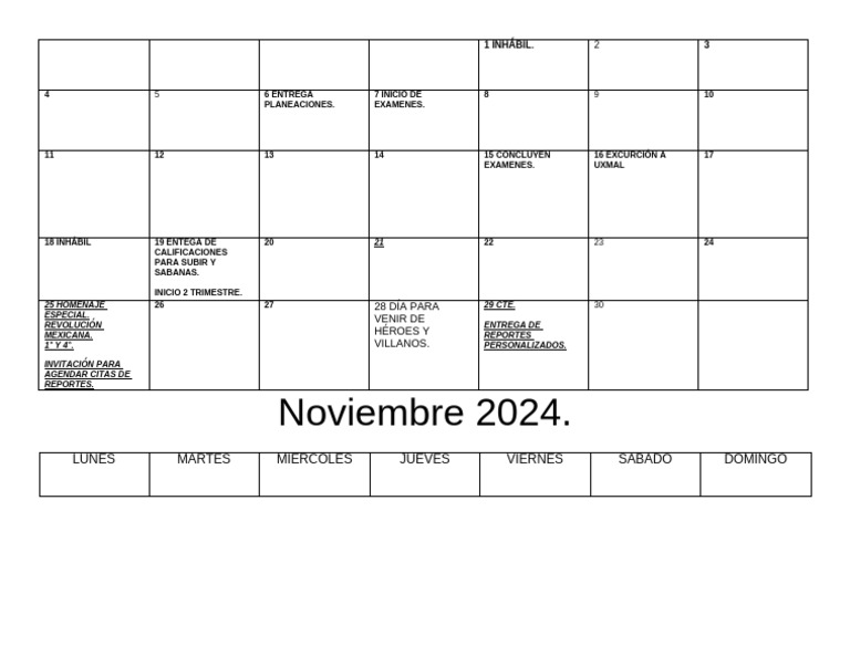 Calendario Escolar Noviembre 2024 | PDF