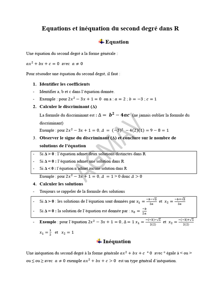 Equations Et Inéquation Du Second Degré Dans R 1ère L | PDF | Équation du second degré | Zéro d ...