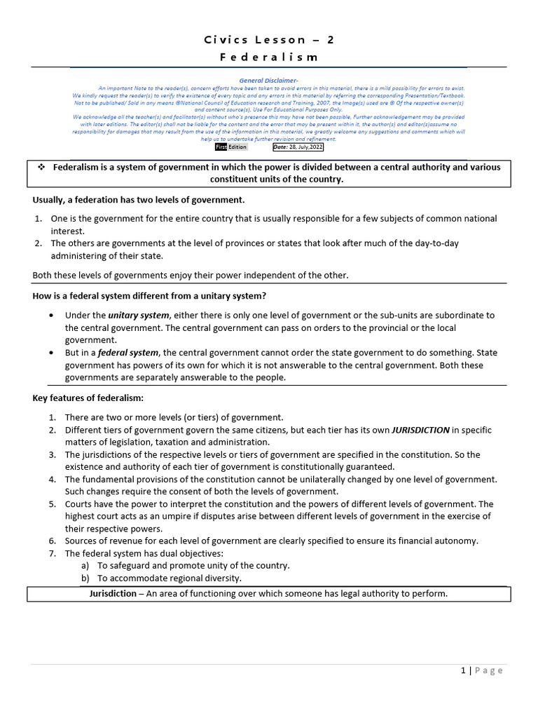 (Notes) Civics - Chapter - 2, Federalism, Class 10 (PDF) | PDF ...
