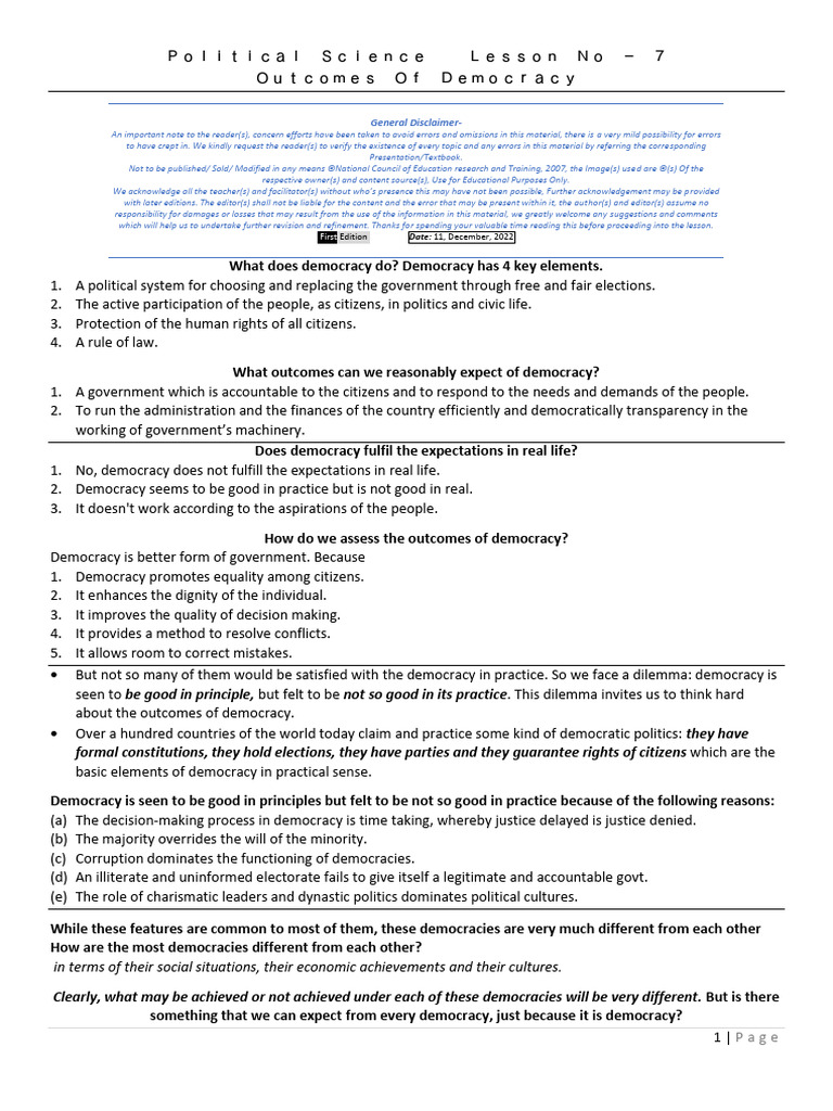 (Notes) Civics - Chapter - 7, Outcomes of Democracy, Class 10 (PDF ...