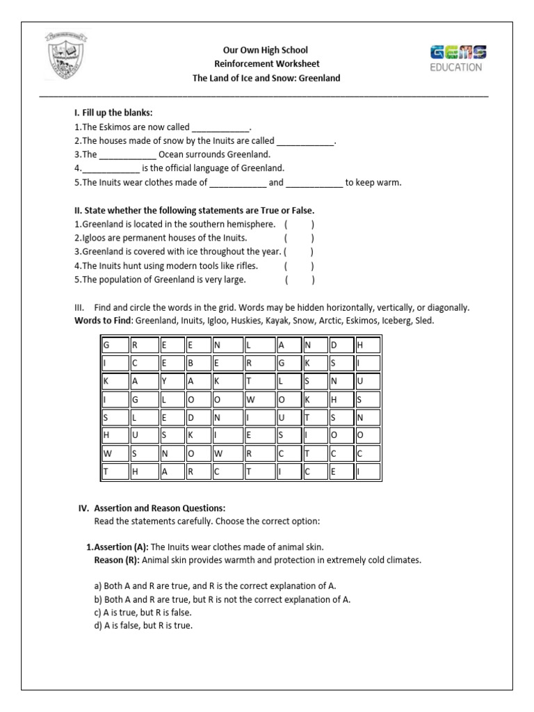 The Land of Ice and Snow - Greenland Reinforcement Worksheet | PDF ...