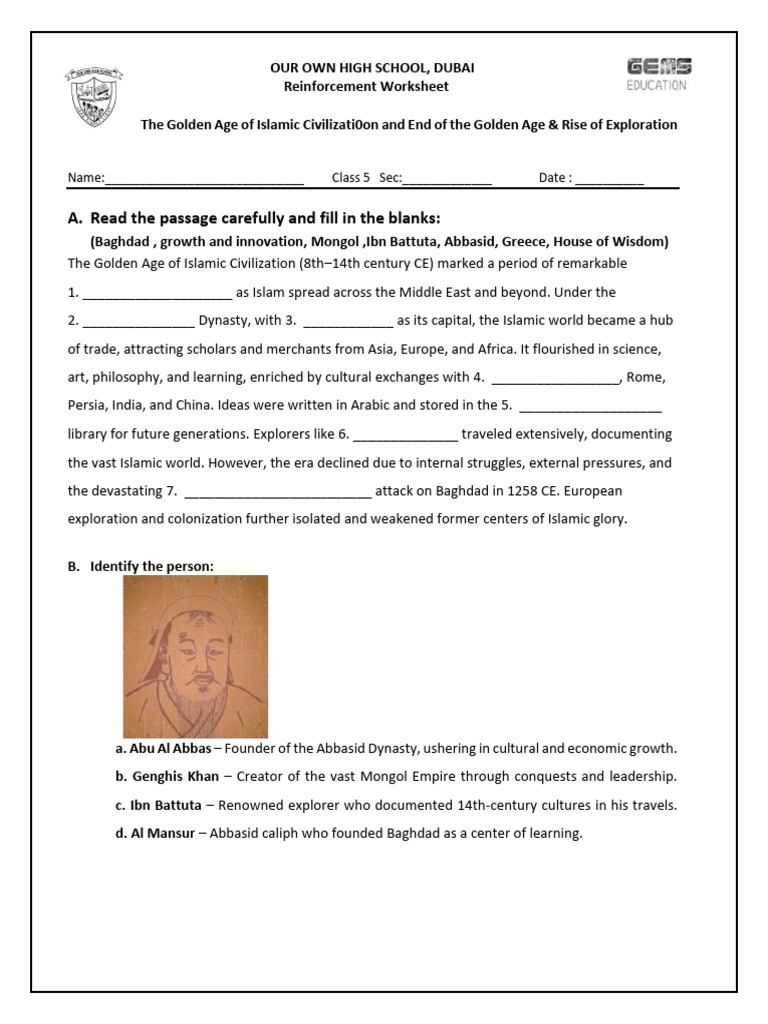 Islamic Civilization's Golden Age Worksheet | PDF | Arabs | Mongol Empire
