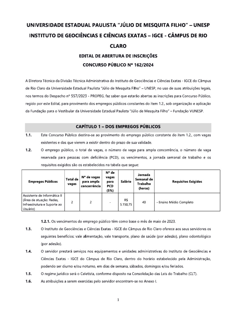 Edital - Assistente de Informática UNESP RC | PDF