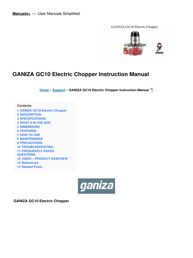Ganiza GC10 Electric Chopper Manual | PDF | Helicopter | Dishwasher