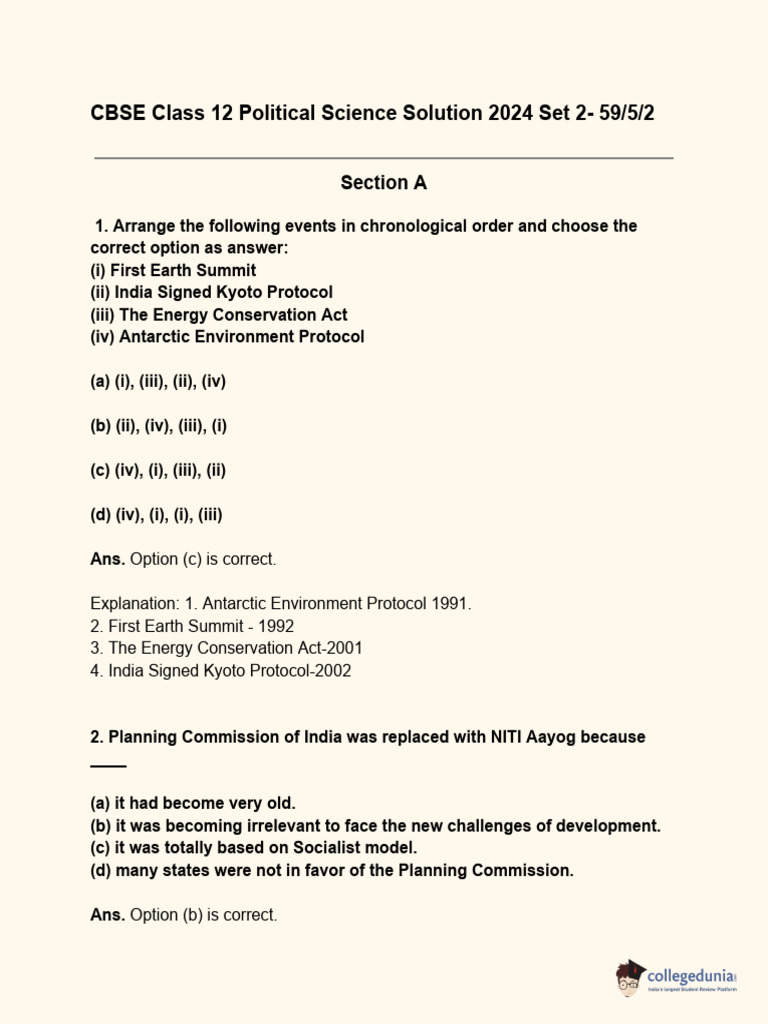 CBSE Class 12 Political Science Solution 2024 Set 2 59 5 2 | PDF | Non ...