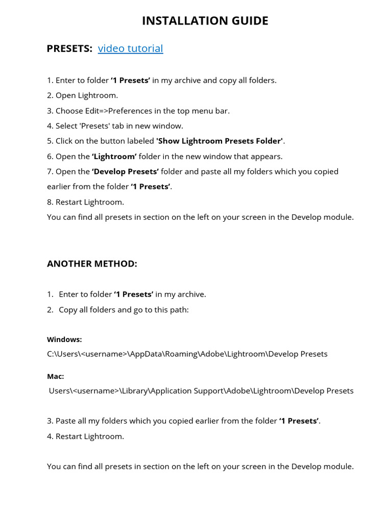 Lightroom Presets and Brushes Installation Guide | PDF