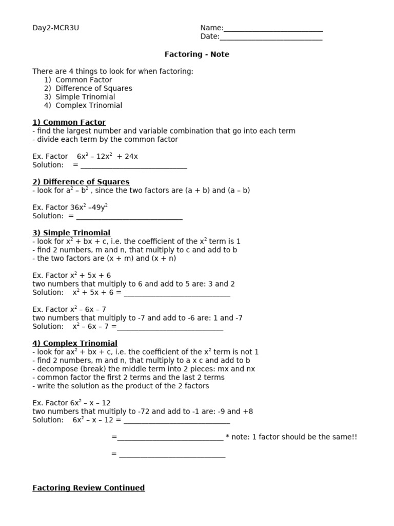 Day2 Factoring Handout Pdf Quadratic Equation Factorization