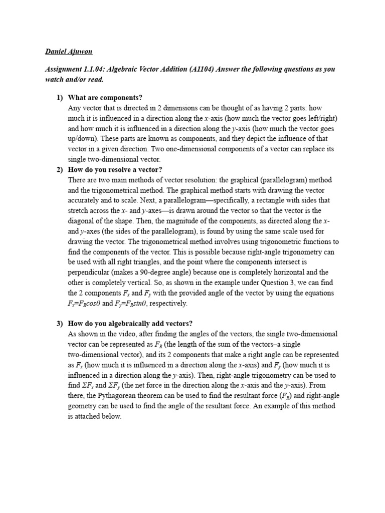 Assignment 1.1.04 - Algebraic Vector Addition | PDF | Euclidean Vector | Trigonometry