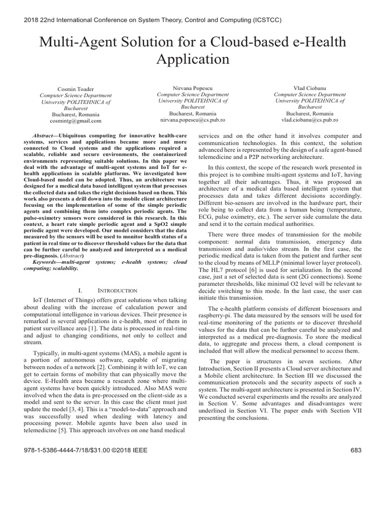 Cloud-Based Multi-Agent e-Health System | PDF | Heart Rate | Computer Engineering