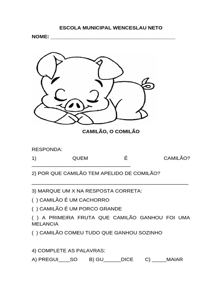 Atividades sobre Camilão, o Comilão | PDF