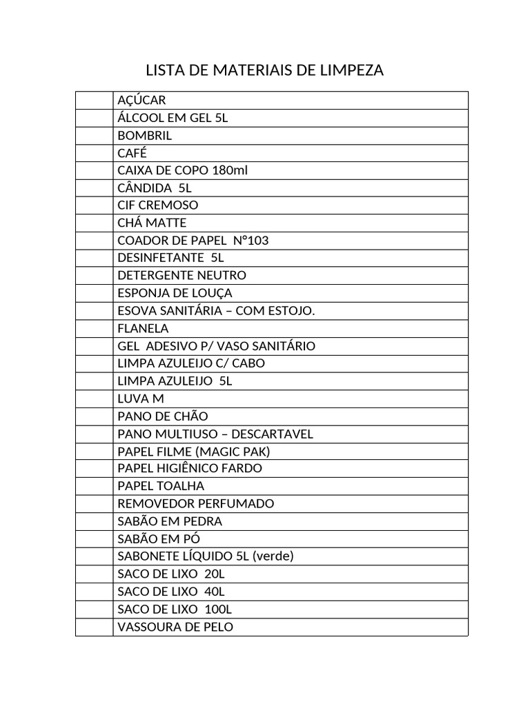 Lista de Materiais de Limpeza | PDF