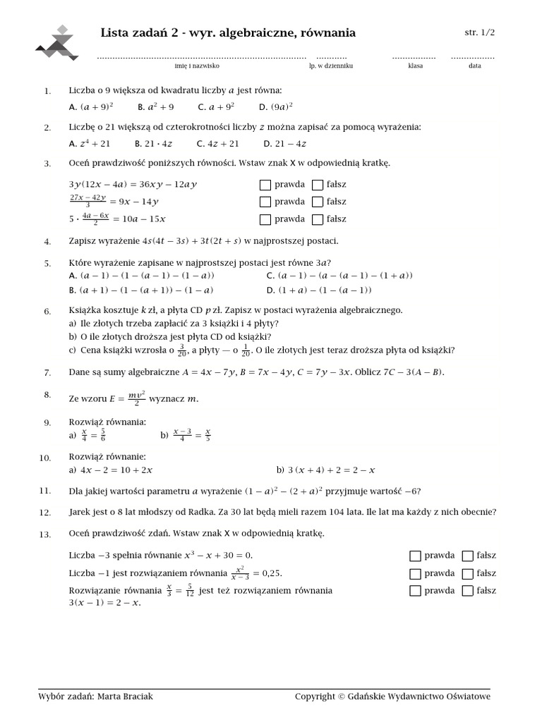 Lista Zadań 2 - Wyrażenia Algebraiczne, Równania Klasa 8 | PDF