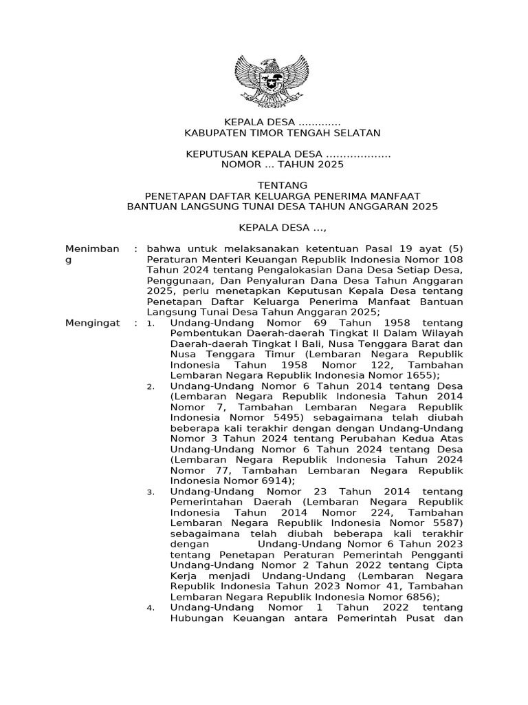 Format SK Kades Penetapan Daftar KPM BLT Desa 2025 | PDF