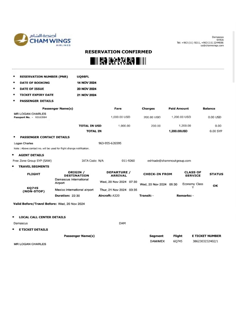 Cham Wings Flight Ticket Confirmation | PDF