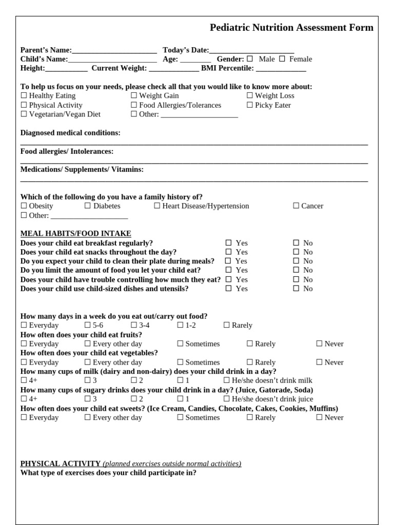 0 Pediatric Nutrition Assessment Form Template (2) | PDF | Eating ...
