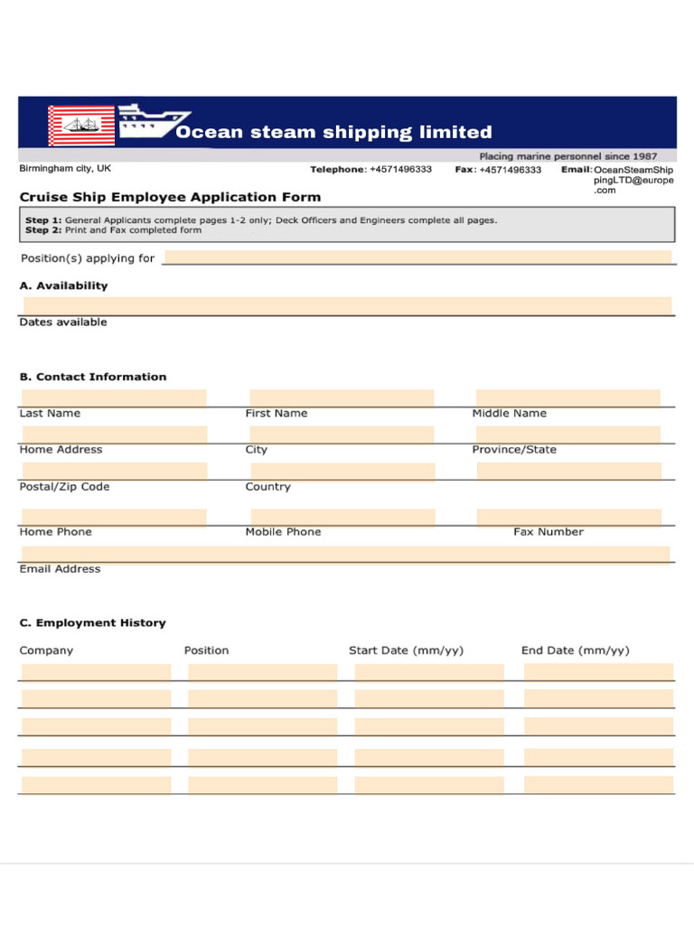Ocean Steam Shipping Limited Application Form | PDF