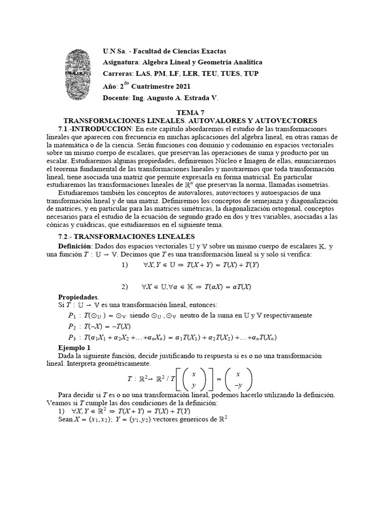Tema 7 Transformaciones Lineales | PDF | Valores propios y vectores propios | Base (álgebra lineal)