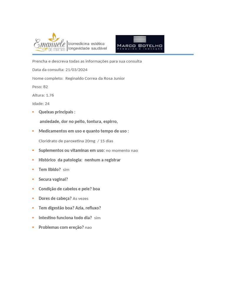 Anamnese Da Consulta REginaldo | PDF