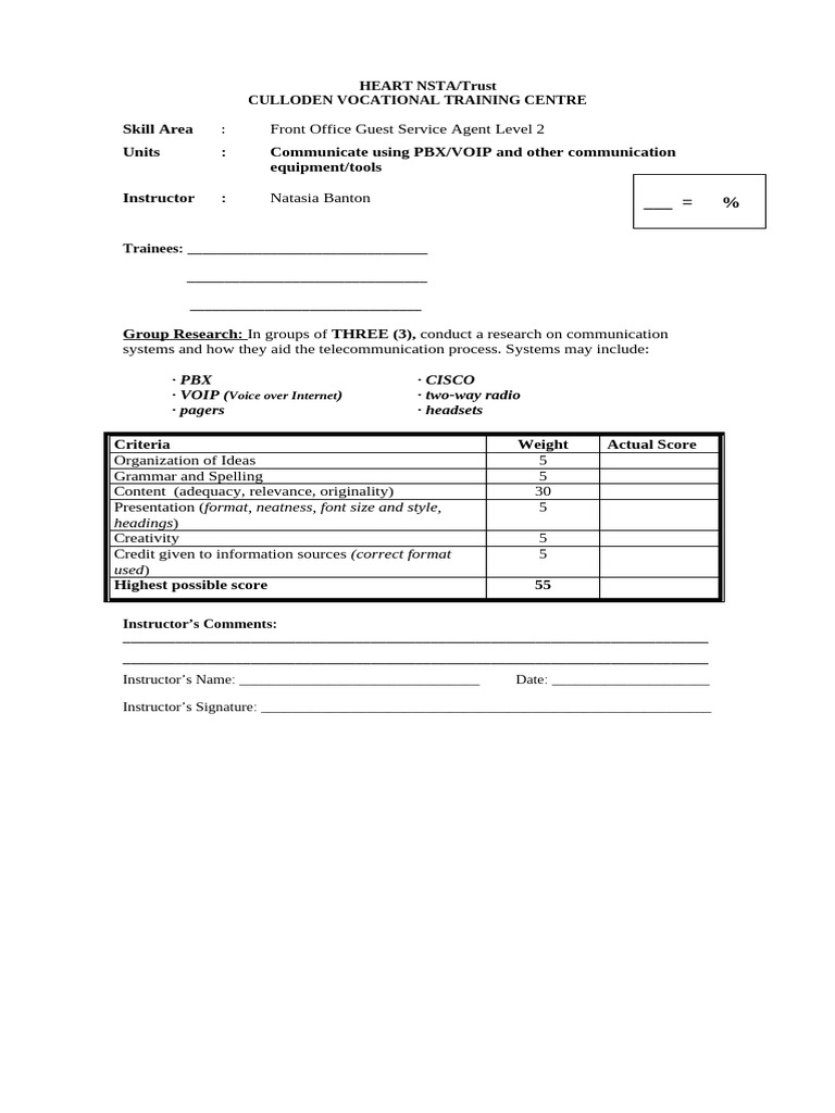Project Grade Sheet - Communicate Using PBX, Voip 2024 | PDF