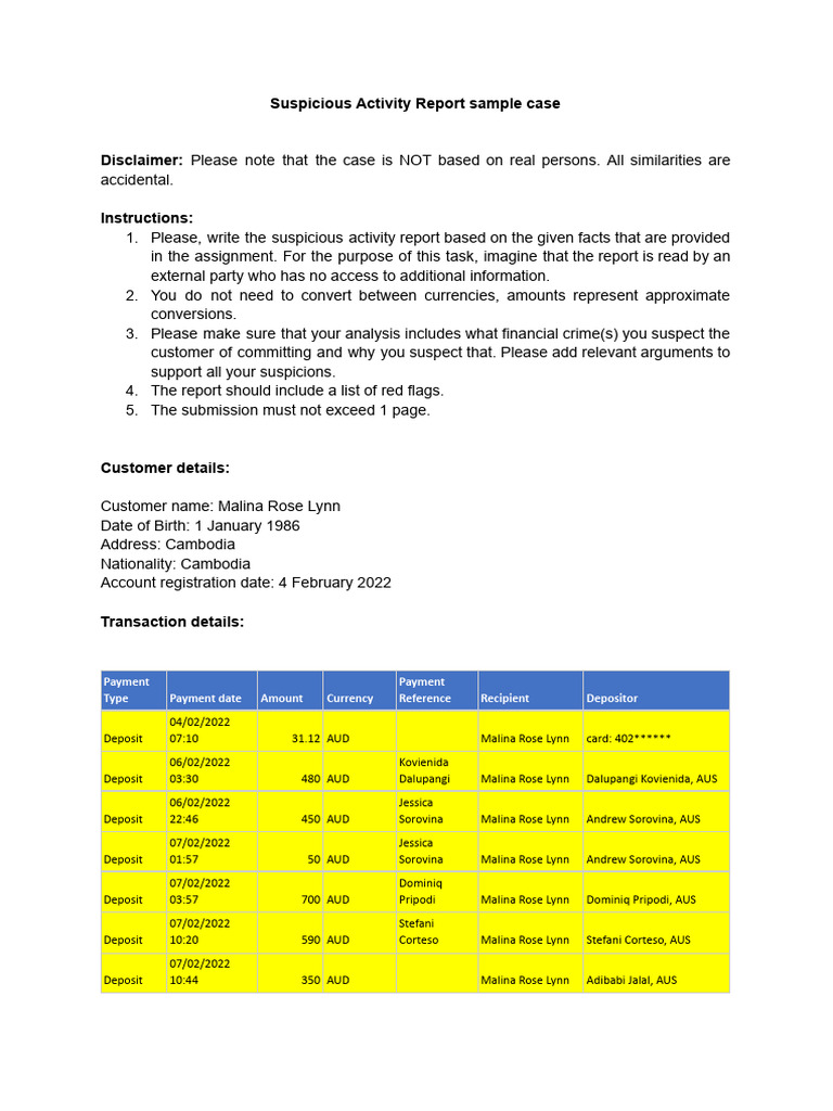 Suspicious Activity Report Sample Case | PDF | Personal Finance ...