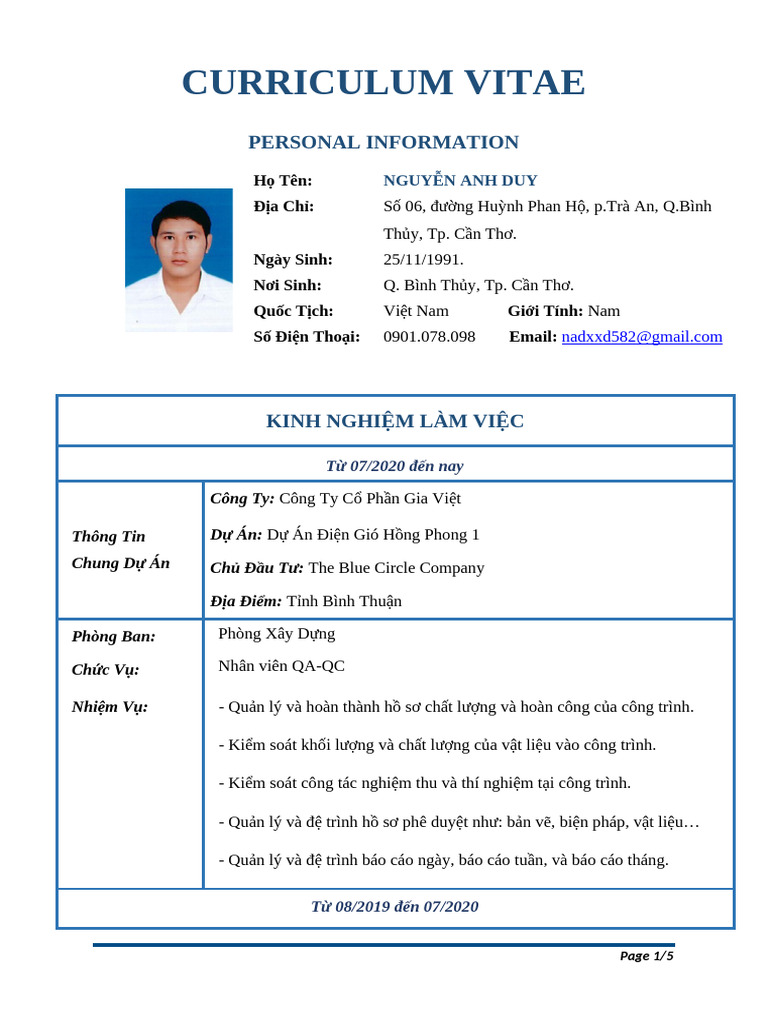 Curriculum Vitae - Nguyen Anh Duy - Civil Engineer - Vietnamese | PDF