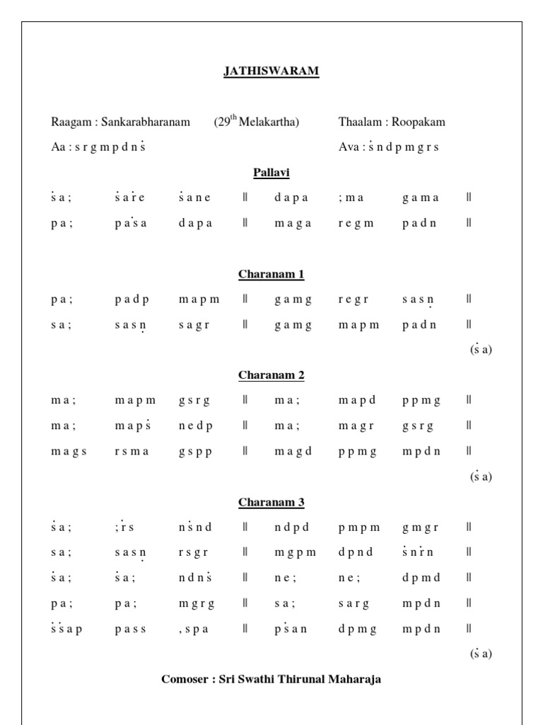 Sankarabharanam Jathiswaram Notation | PDF | Classical And Art Music ...