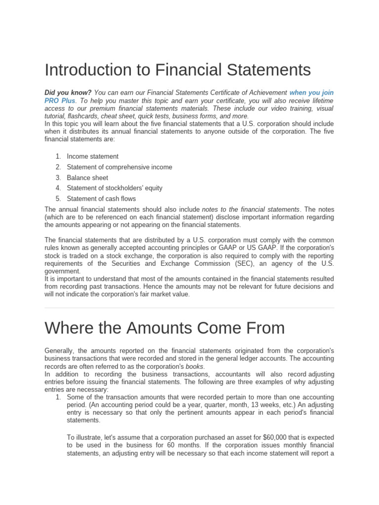Introduction To Financial Statements | PDF | Balance Sheet | Equity ...