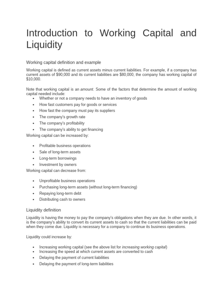 Working Capital & Liquidity Guide | PDF | Debits And Credits | Working ...