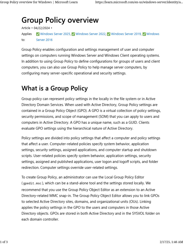 Group Policy overview for Windows _ Microsoft Learn | PDF | Group Policy | Computer Architecture