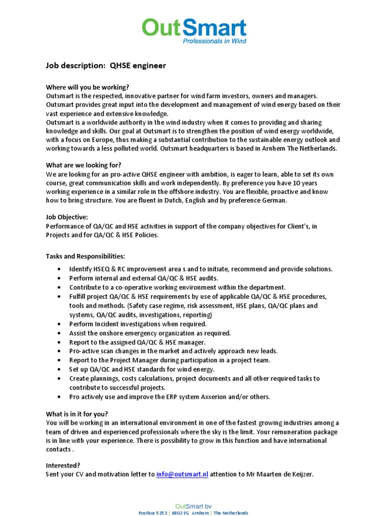 Job Description QHSE Engineer | PDF | Wind Power | Audit