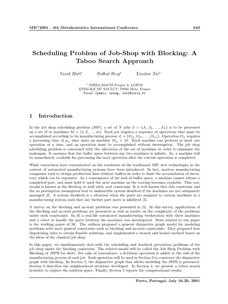 2001 Scheduling Problem of Job Shop With Blocking A Taboo | PDF | Vertex (Graph Theory ...