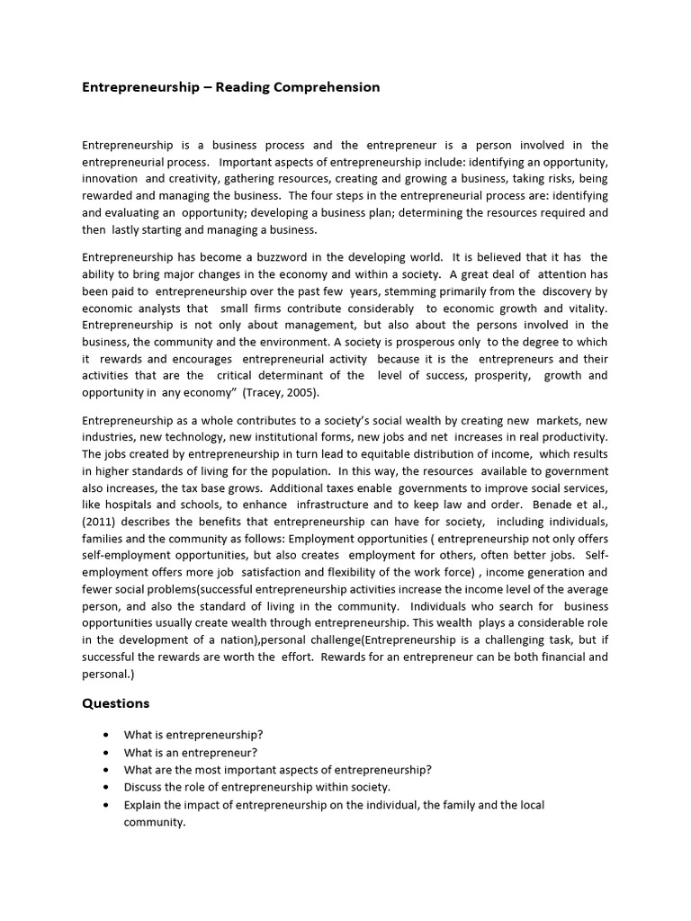 Entrepreneurship - Reading Comprehension 2 | PDF | Entrepreneurship ...