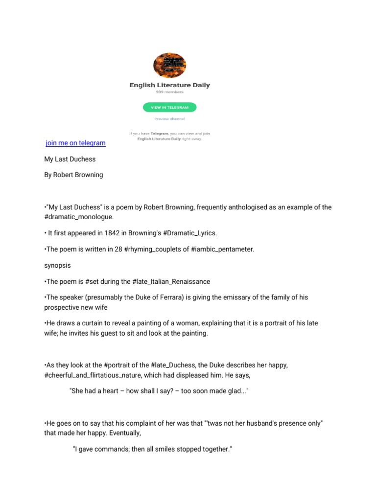 Analysis of Browning's My Last Duchess | PDF